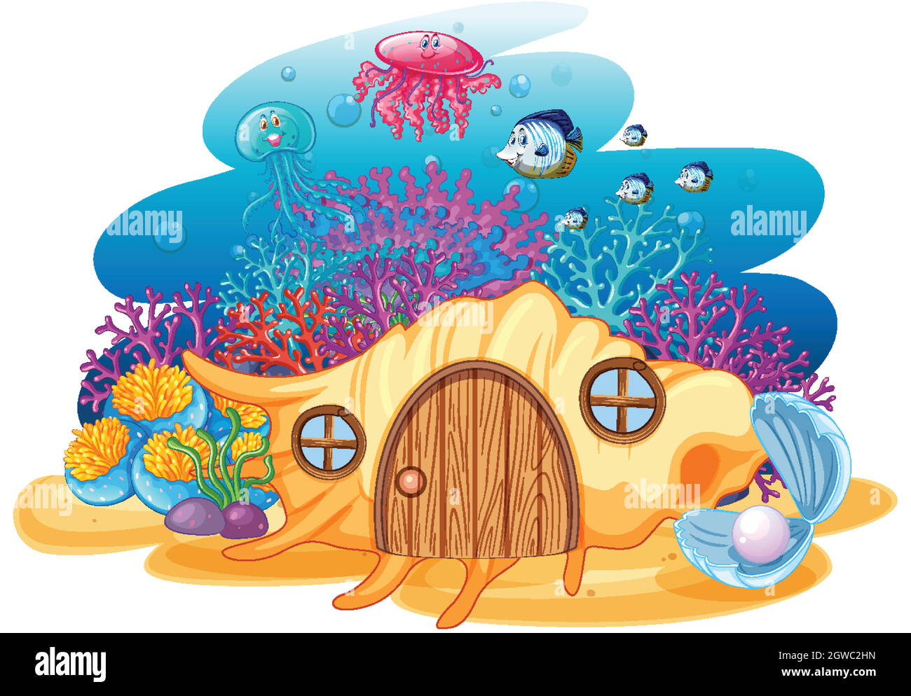 Shell house and sealife in underwater cartoon style on white background ...
