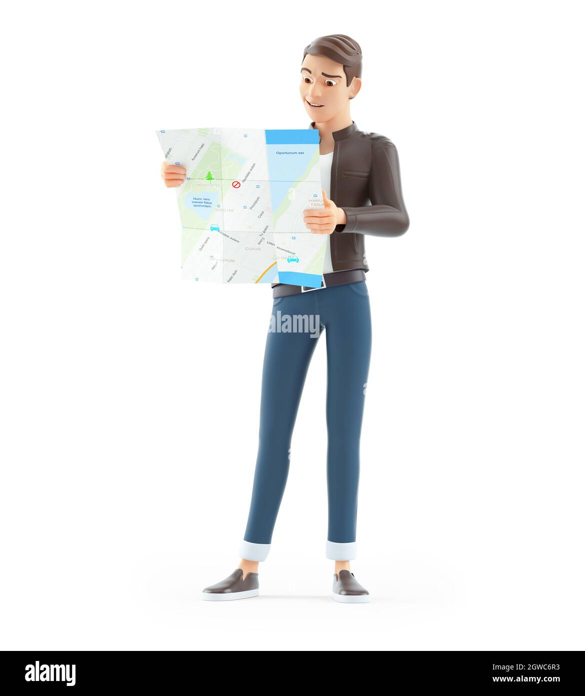 3d cartoon man looking at street map, illustration isolated on white ...