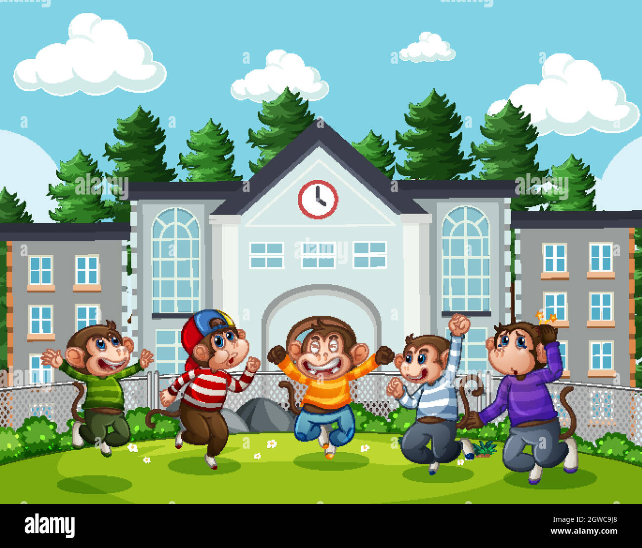 Five little monkeys jumping in the park playground scene Stock Vector ...