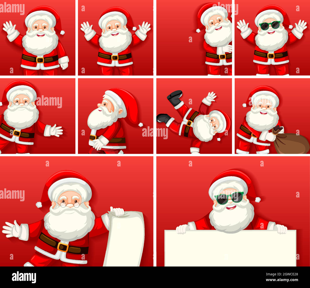Set of diffrent cute santa claus cartoon character on red background ...