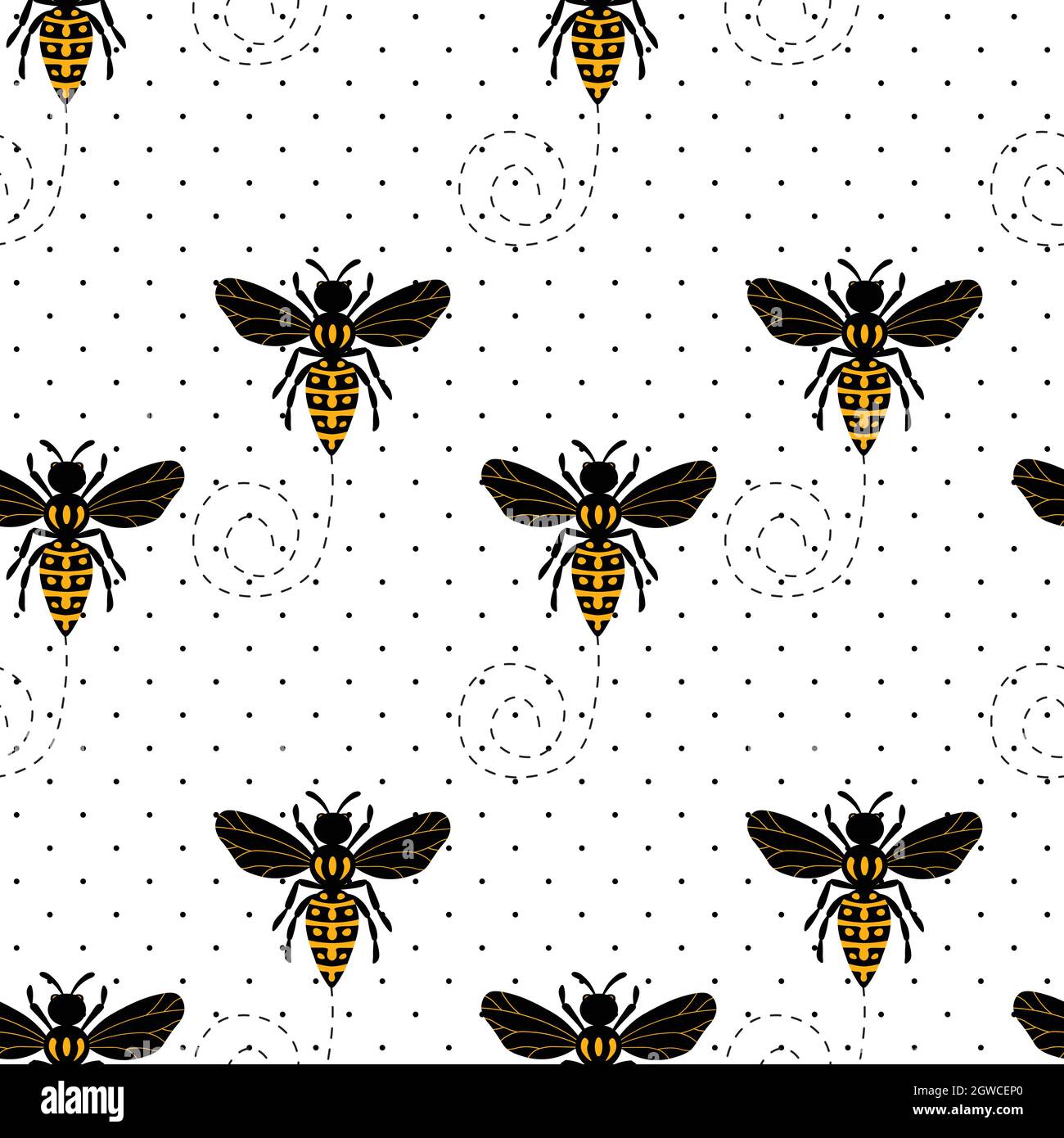 Seamless pattern with bees on white polka dots background. Small wasp ...
