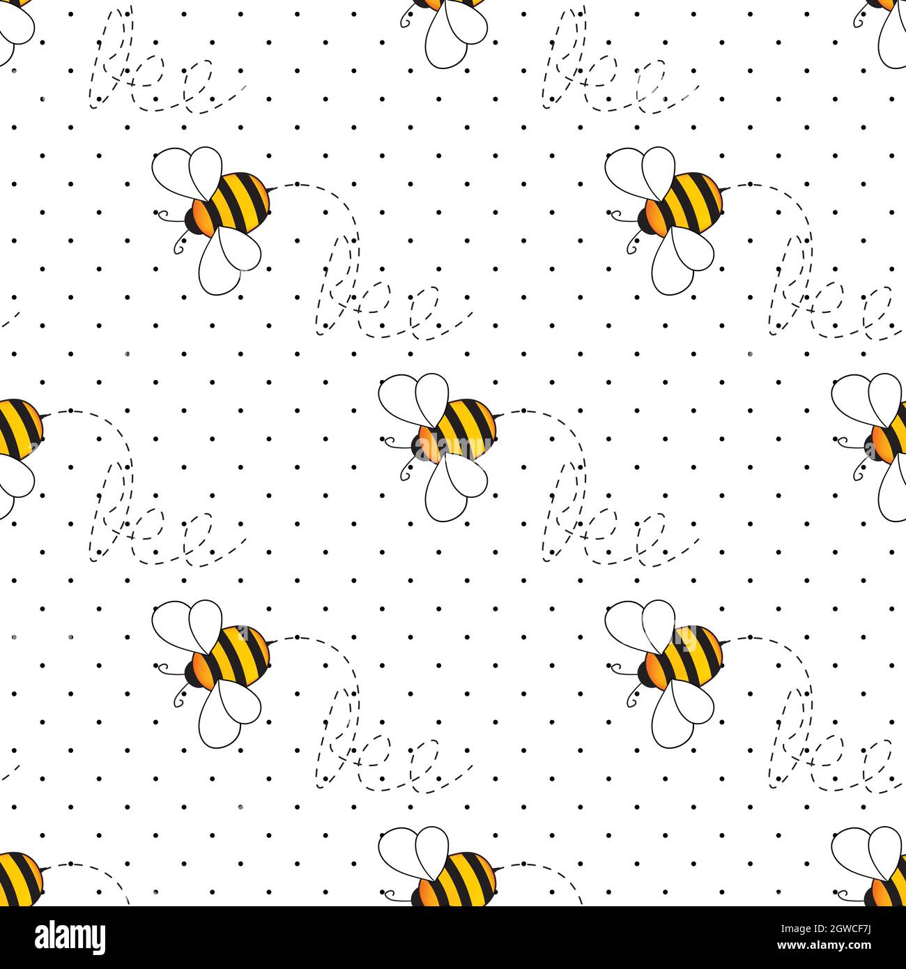Seamless pattern with bees on white polka dots background. Small wasp ...