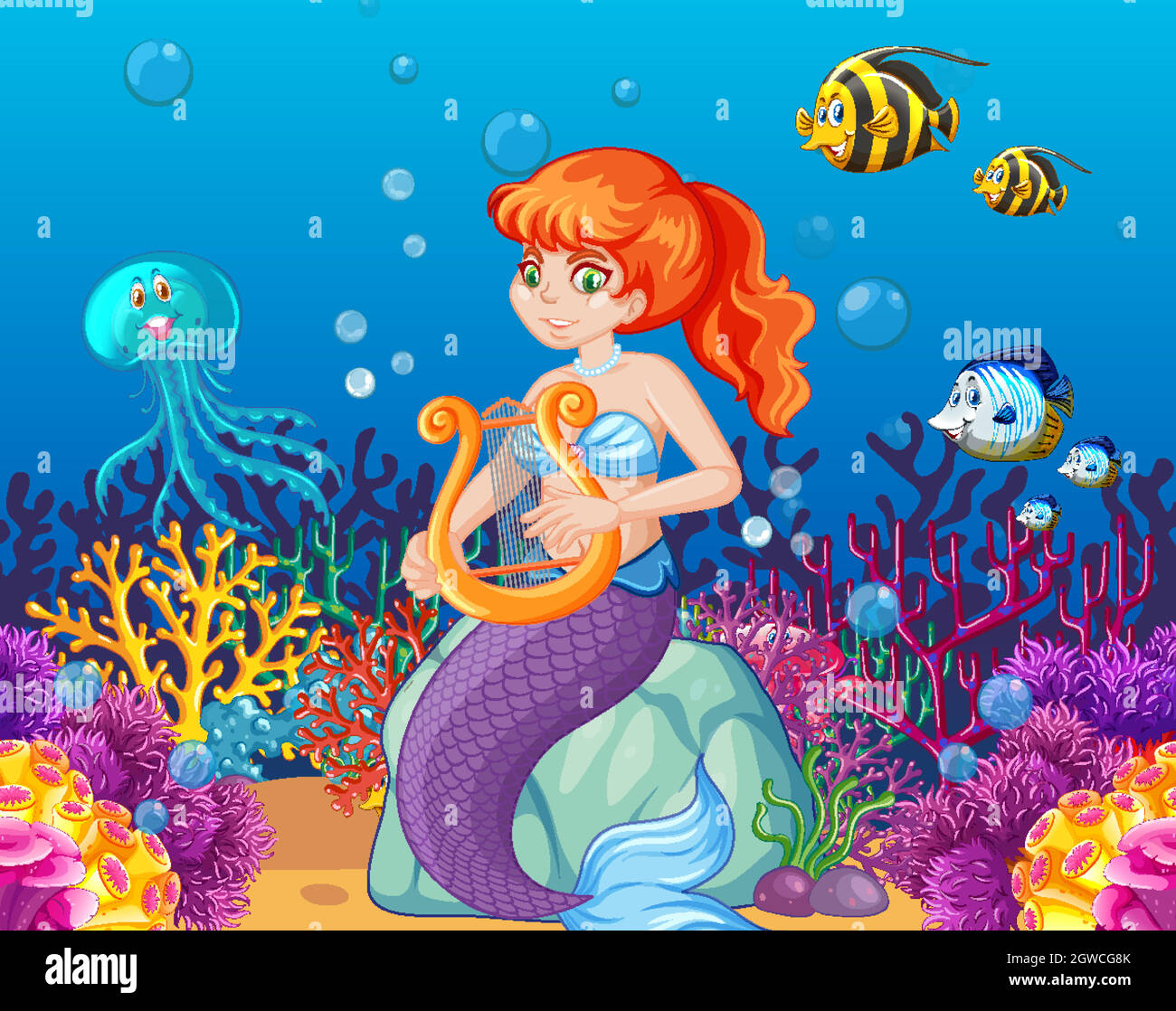 Set of sea animals and mermaid cartoon character on sea background ...