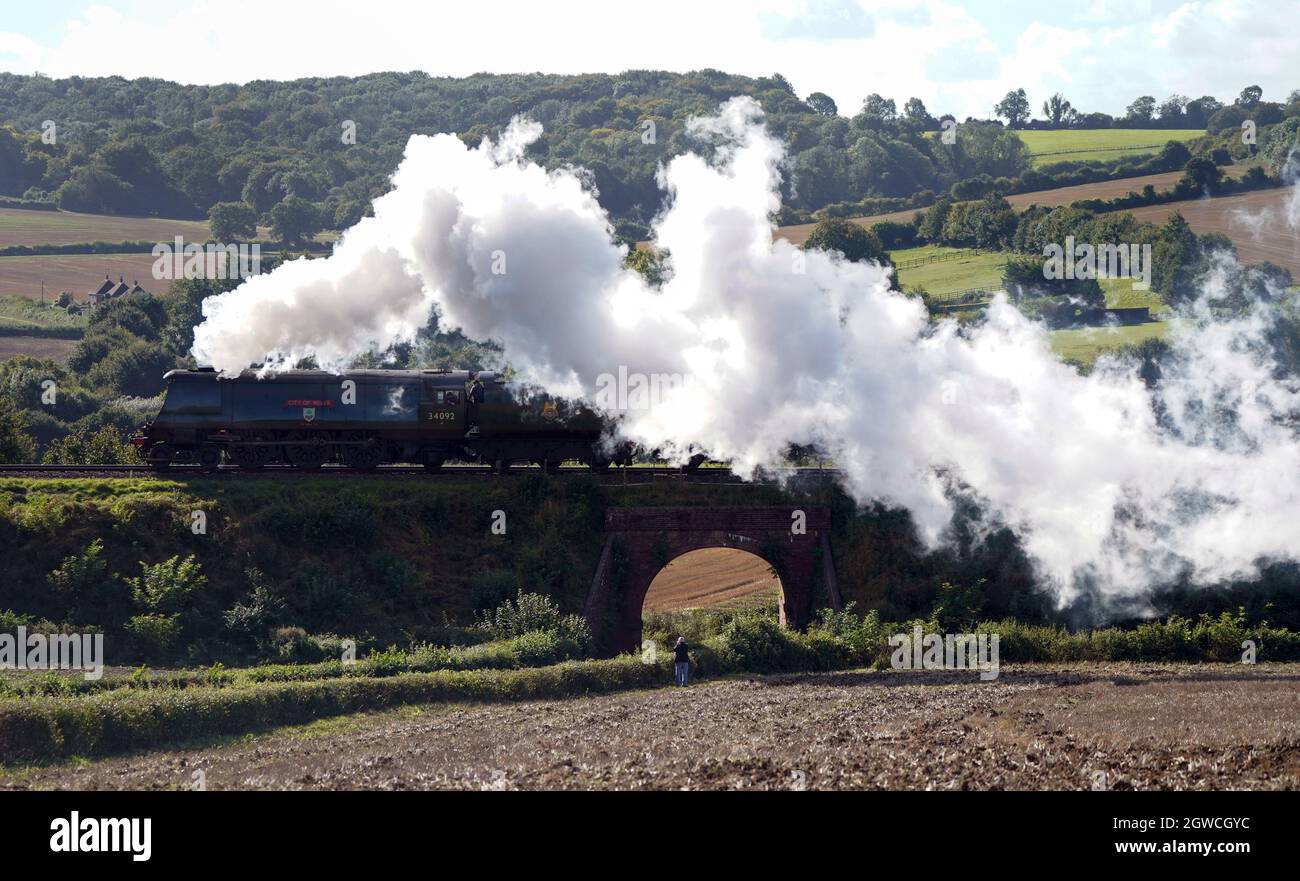 The steam locomotive 34092 'City of Wells' makes it's way from ...