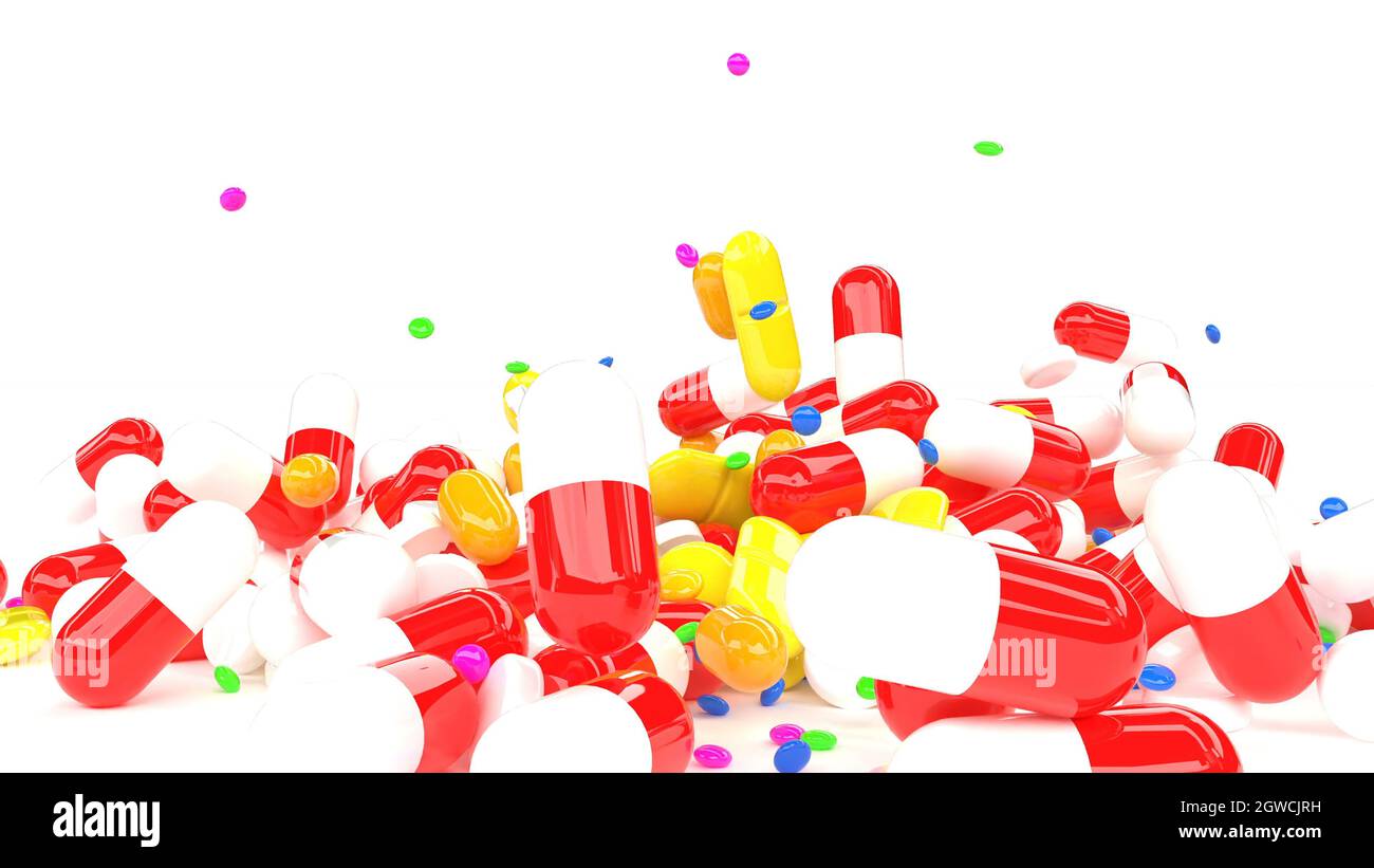 Classic color medicines pills fall on white surface Medical concept ...