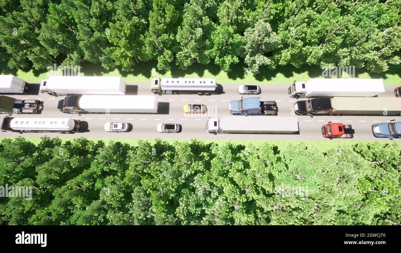 Modern aerial view of a huge queue of traffic jam from trucks 3d render ...