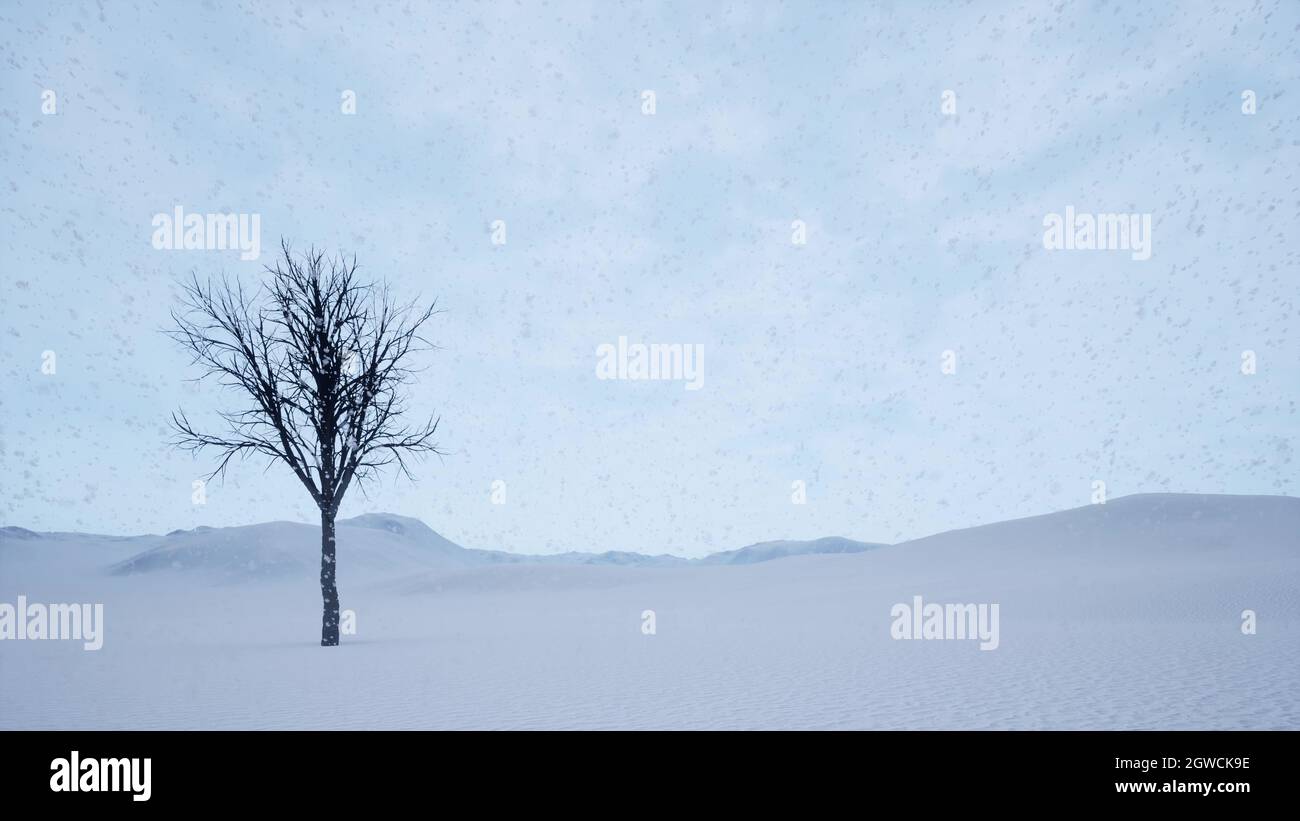 Snow is falling in realistic 3d style Dramatic sky landscape one tree ...