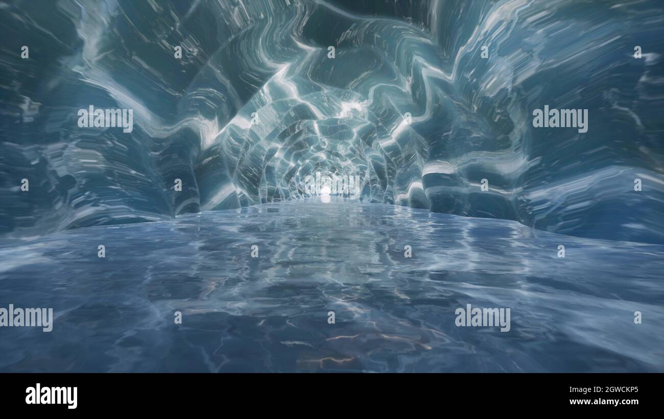 Blue ice CAVE and river Winter day snow cold Landscape 3d render Stock ...