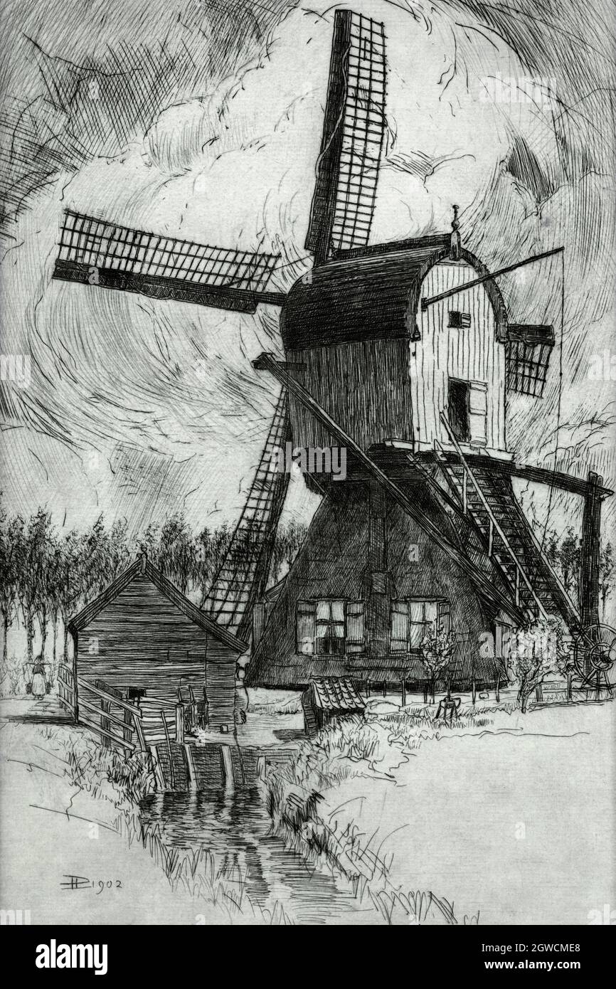 The Windmill. 1902 etching, monogrammed and dated by Scots artist, Hugh ...