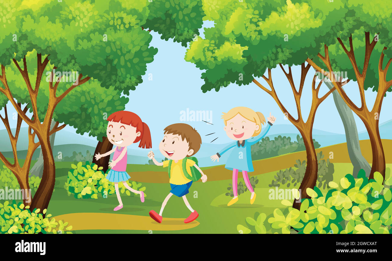 Three kids walking in the woods Stock Vector Image & Art - Alamy