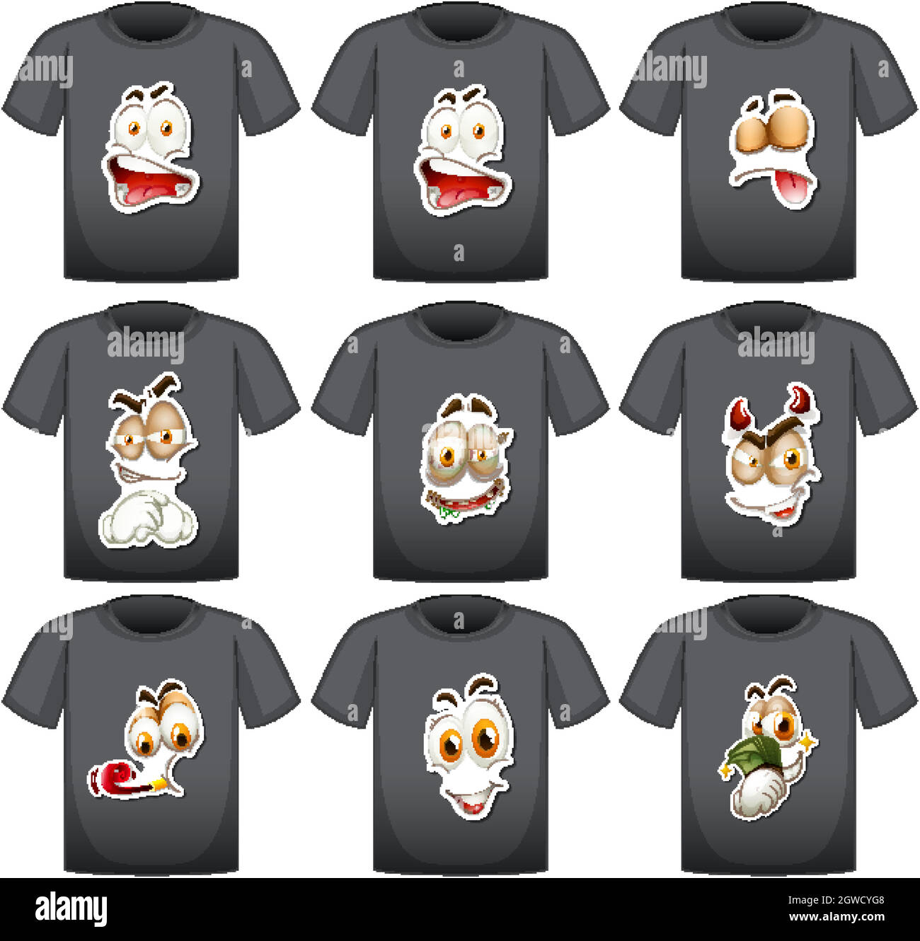 T-shirt design with graphic of different facial expressions Stock ...
