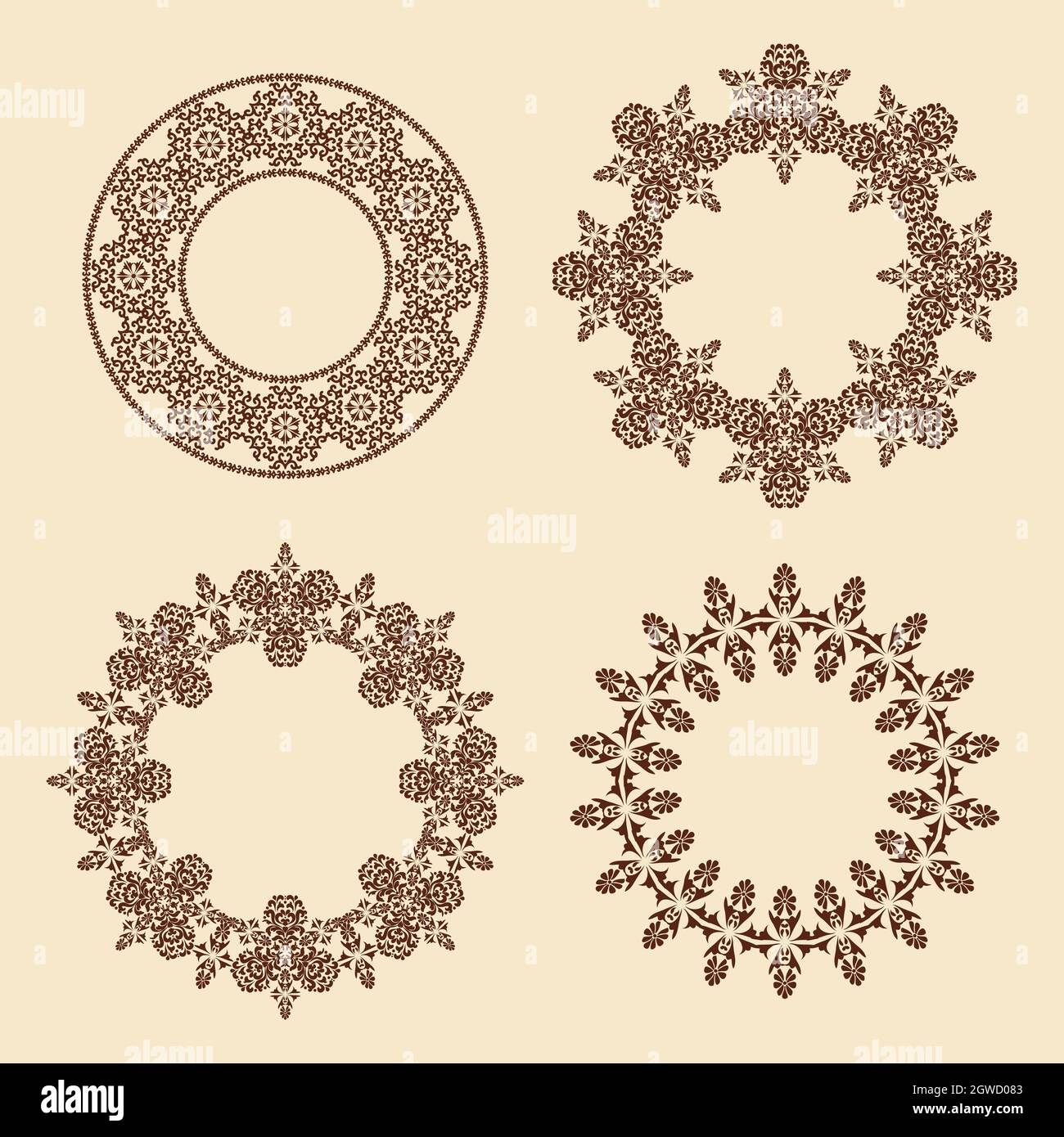 Vector set of circular frame ornaments. Four oval ornamental patterned ...