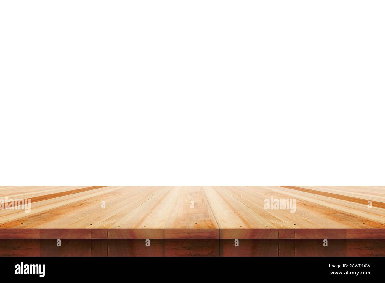 Empty wooden table top isolated on white background, used for display ...