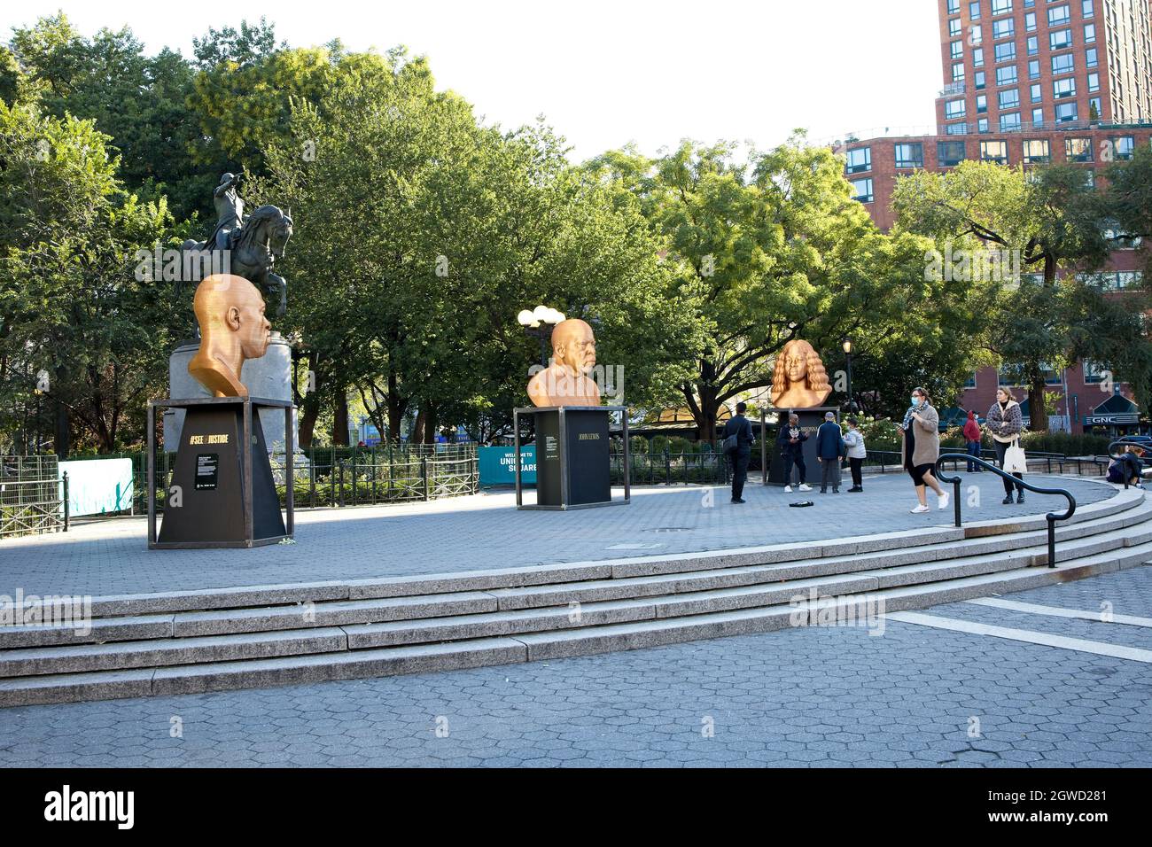 New York, NY, USA - Oct 2, 2021: Busts of George Floyd, John Lewis, and ...