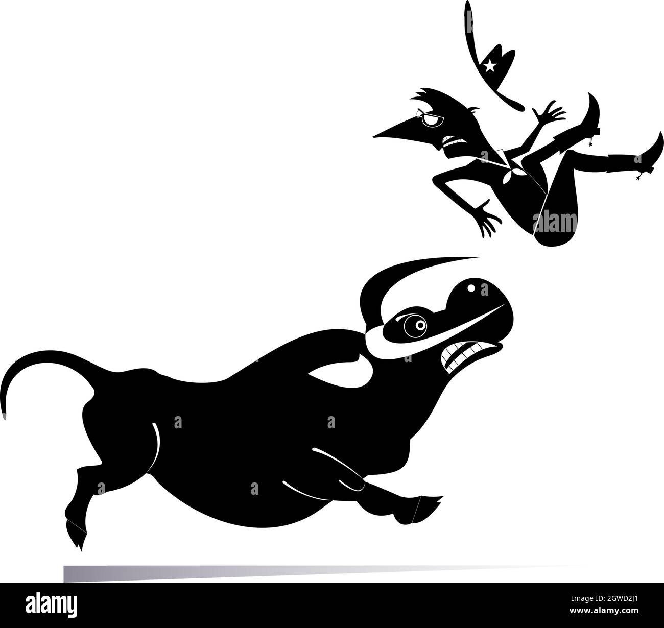 Cartoon rider falls from the bull illustration. Rodeo. Angry bull kicks ...