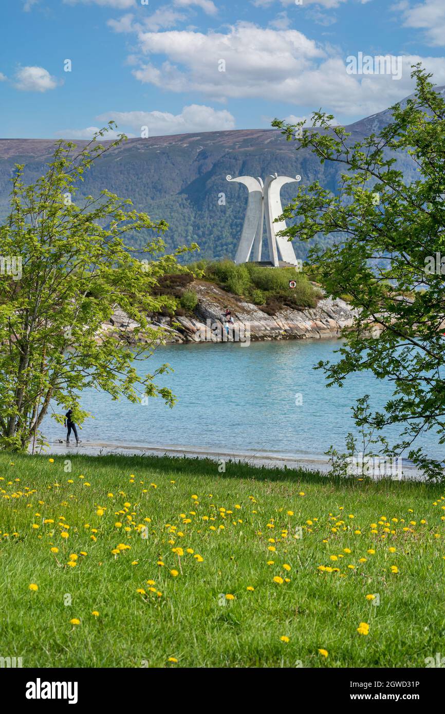 HAREID, NORWAY - 2020 MAY 25. Summer feeling with green grass close to ...