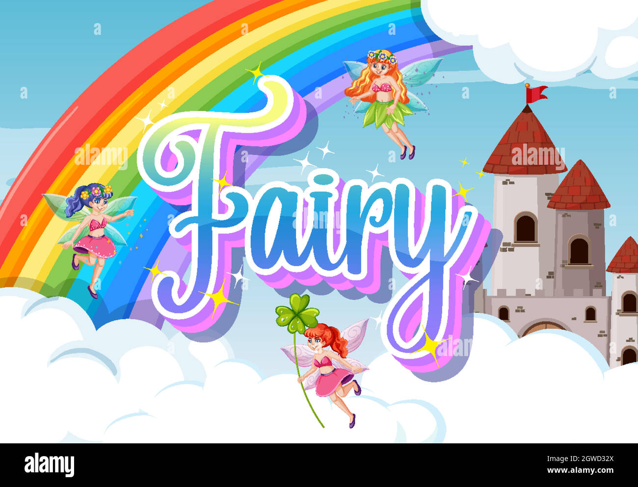 Fairy logo with little fairies on rainbow sky background Stock Vector ...