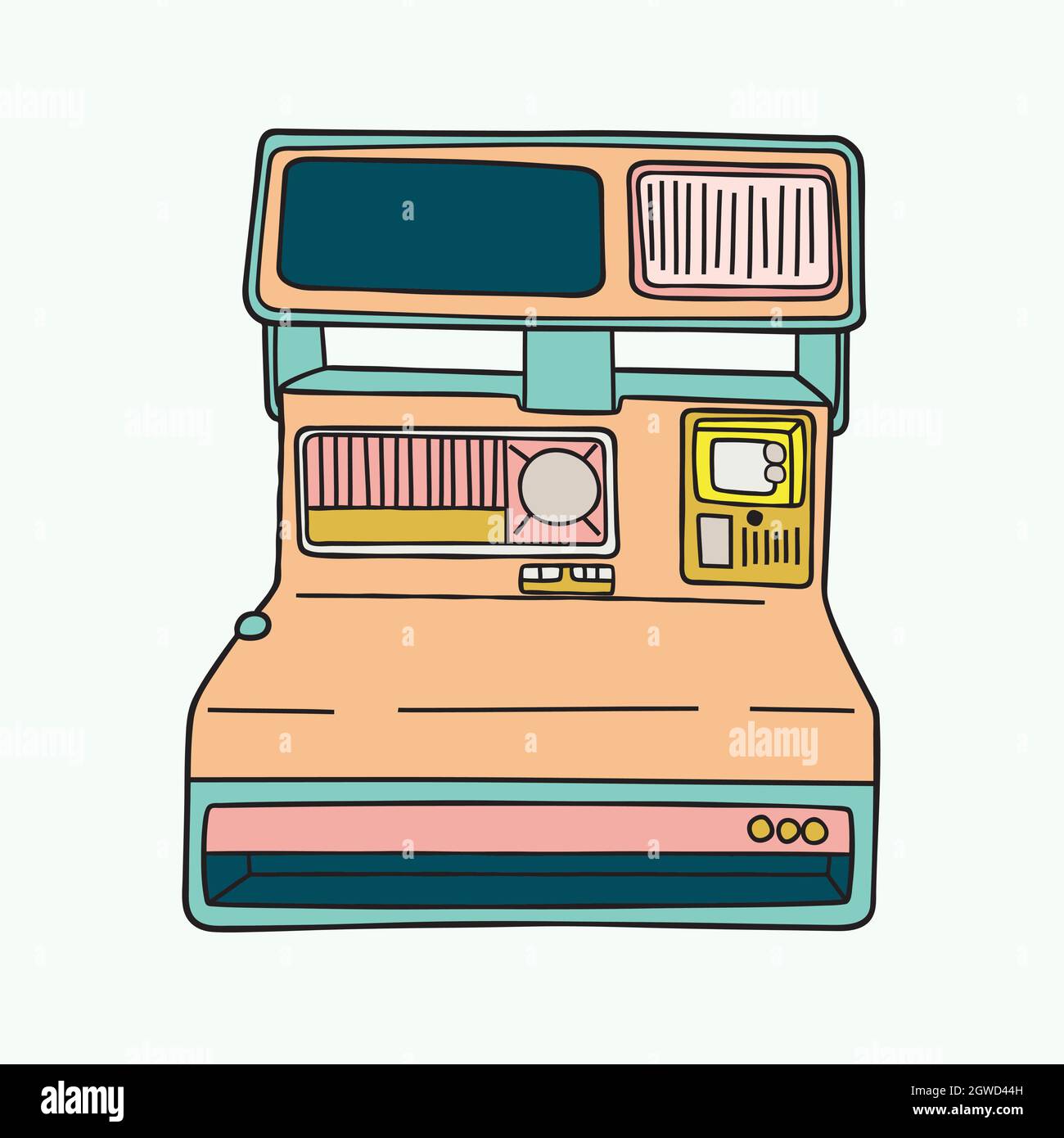 Vintage cameras. Hand drawn polaroid picture. Retro film video. Colored ...