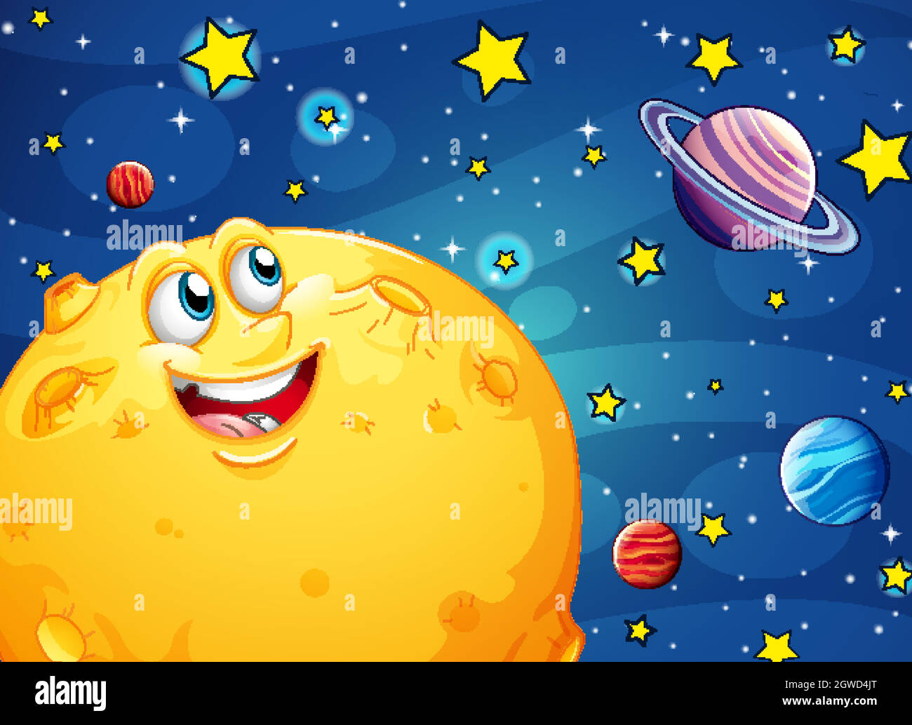 Moon with happy face on space galaxy theme background Stock Vector ...