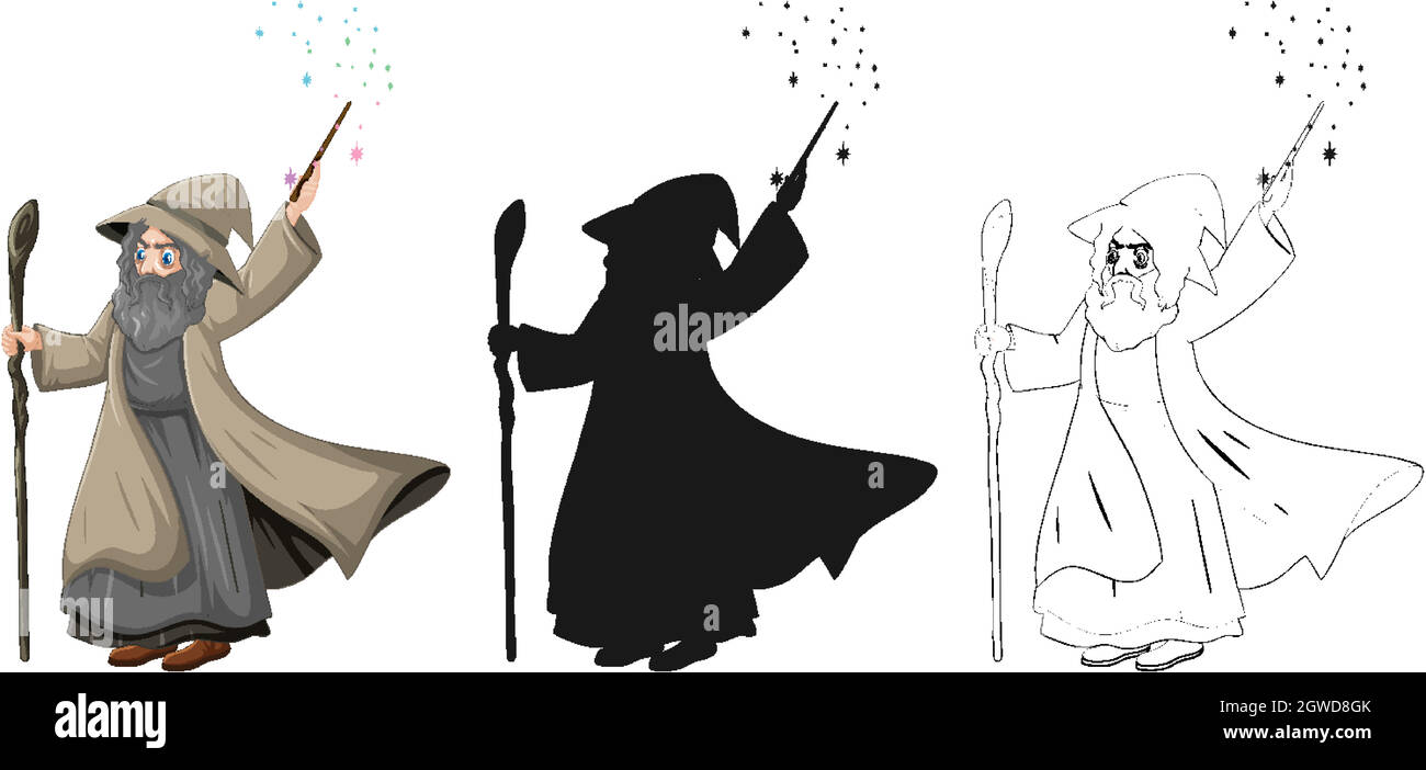 Old wizard with magic wand in color and outline and silhouette cartoon ...