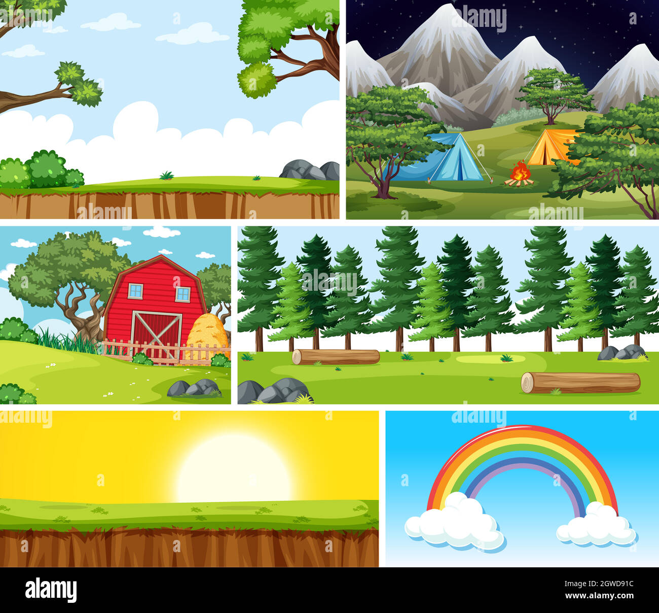 Six different scenes in nature setting cartoon style Stock Vector Image ...