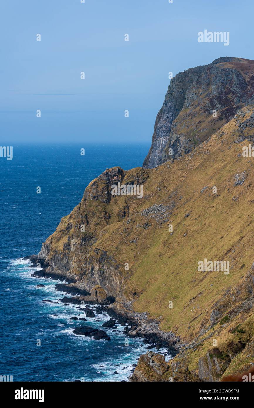 RUNDE, NORWAY - 2020 APRIL 07. Bird Island Runde seen from the cliff ...