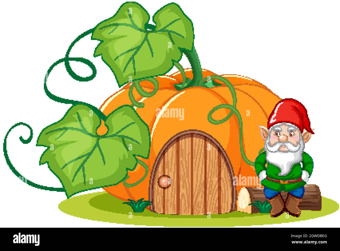 Gnome sitting beside pumpkin house cartoon style on white background ...