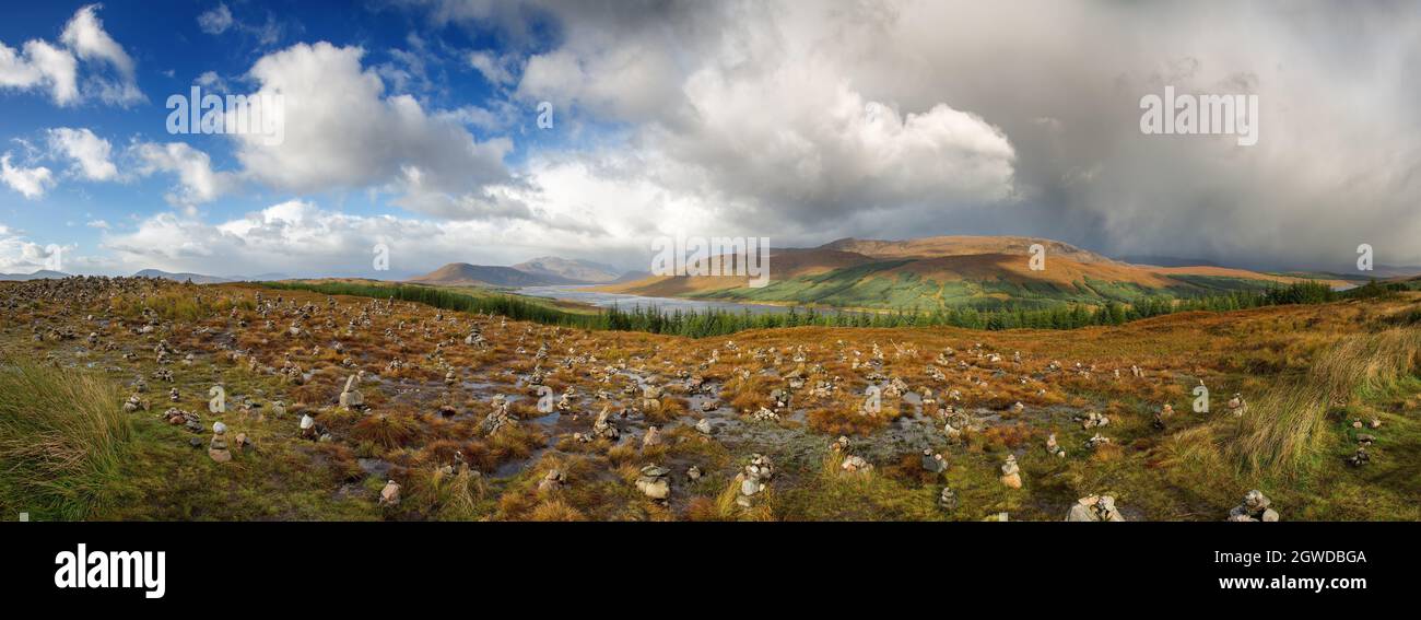 Panorama of stone stacks in the Scottish Highlands, overlooking the ...