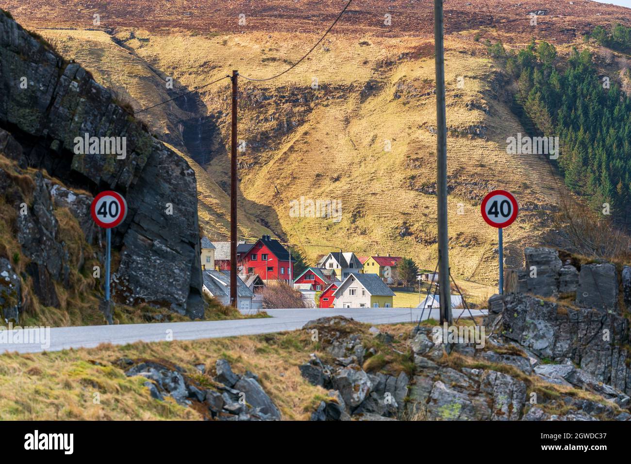 RUNDE, NORWAY - 2020 APRIL 07. The small road to Runde village at bird ...