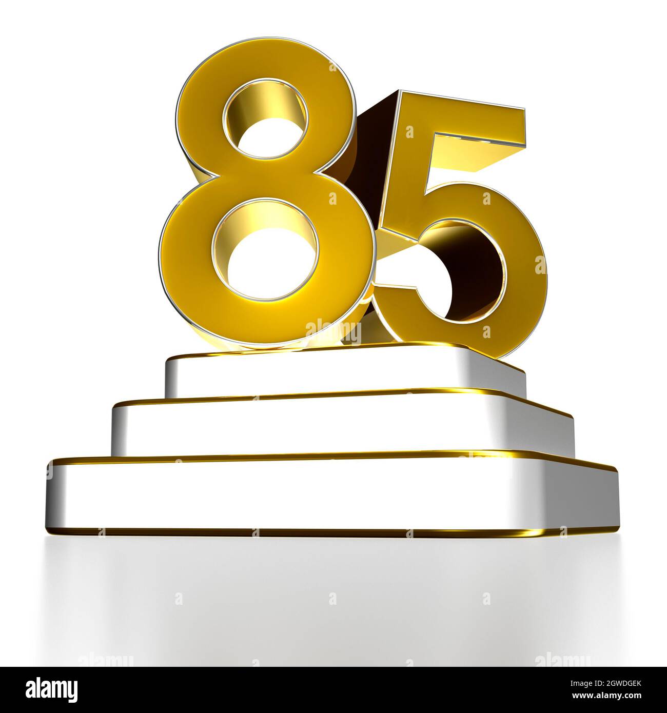 Numbers 85 gold 3D illustration are on a stainless steel platform with ...