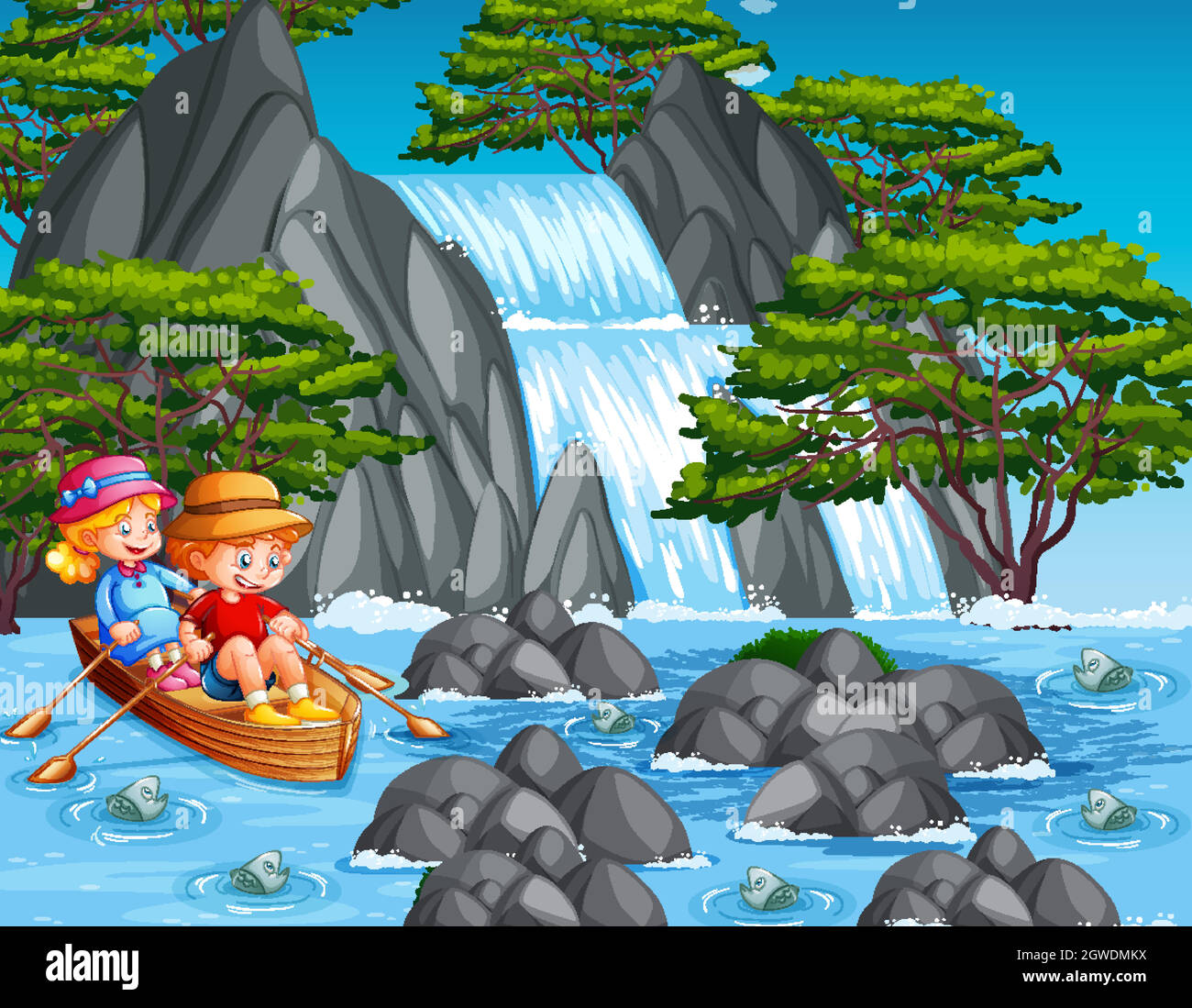 Children row the boat in the waterfall scene Stock Vector Image & Art ...