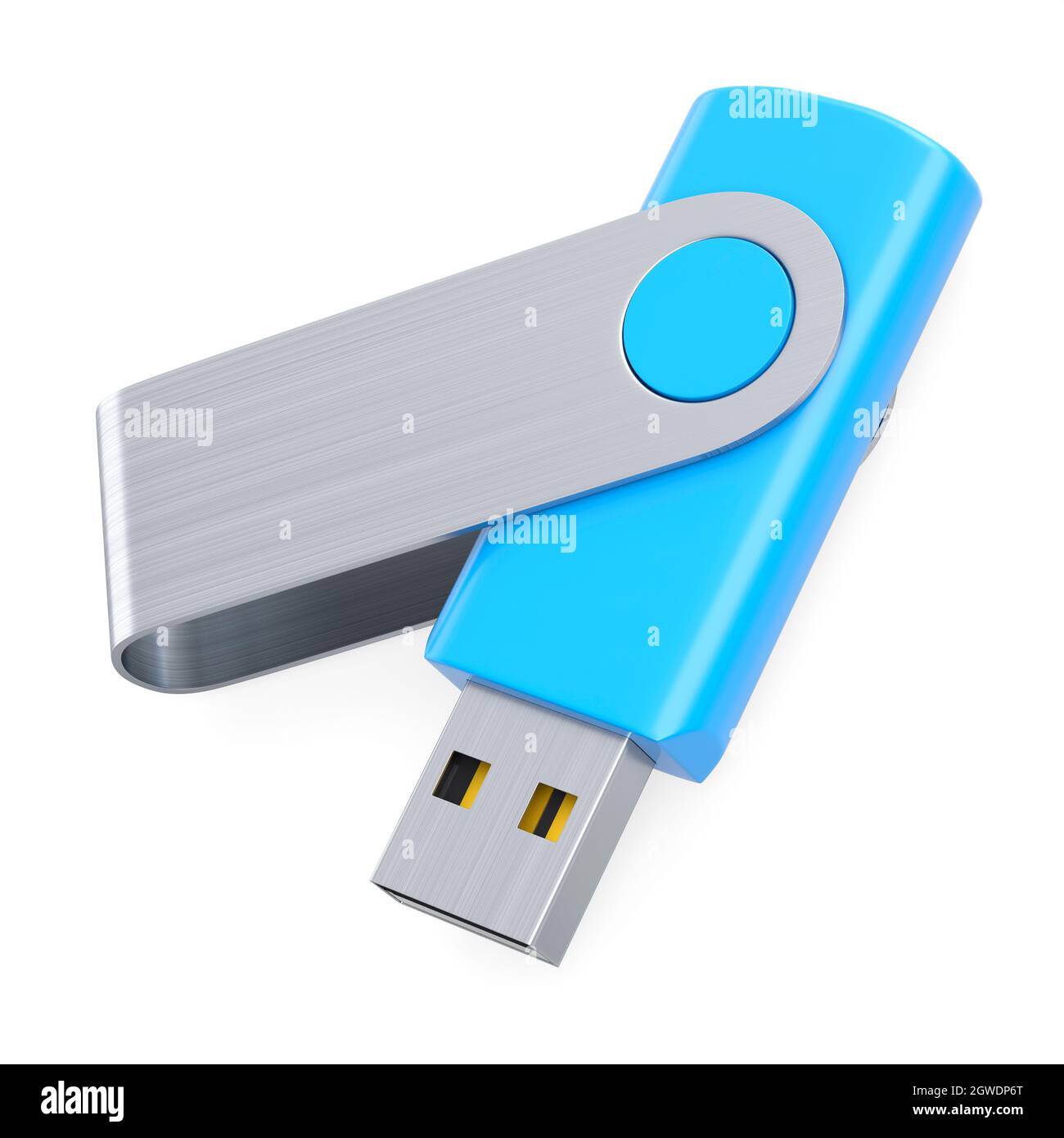 Portable blue USB flash drive stick isolated on white background. 3D ...