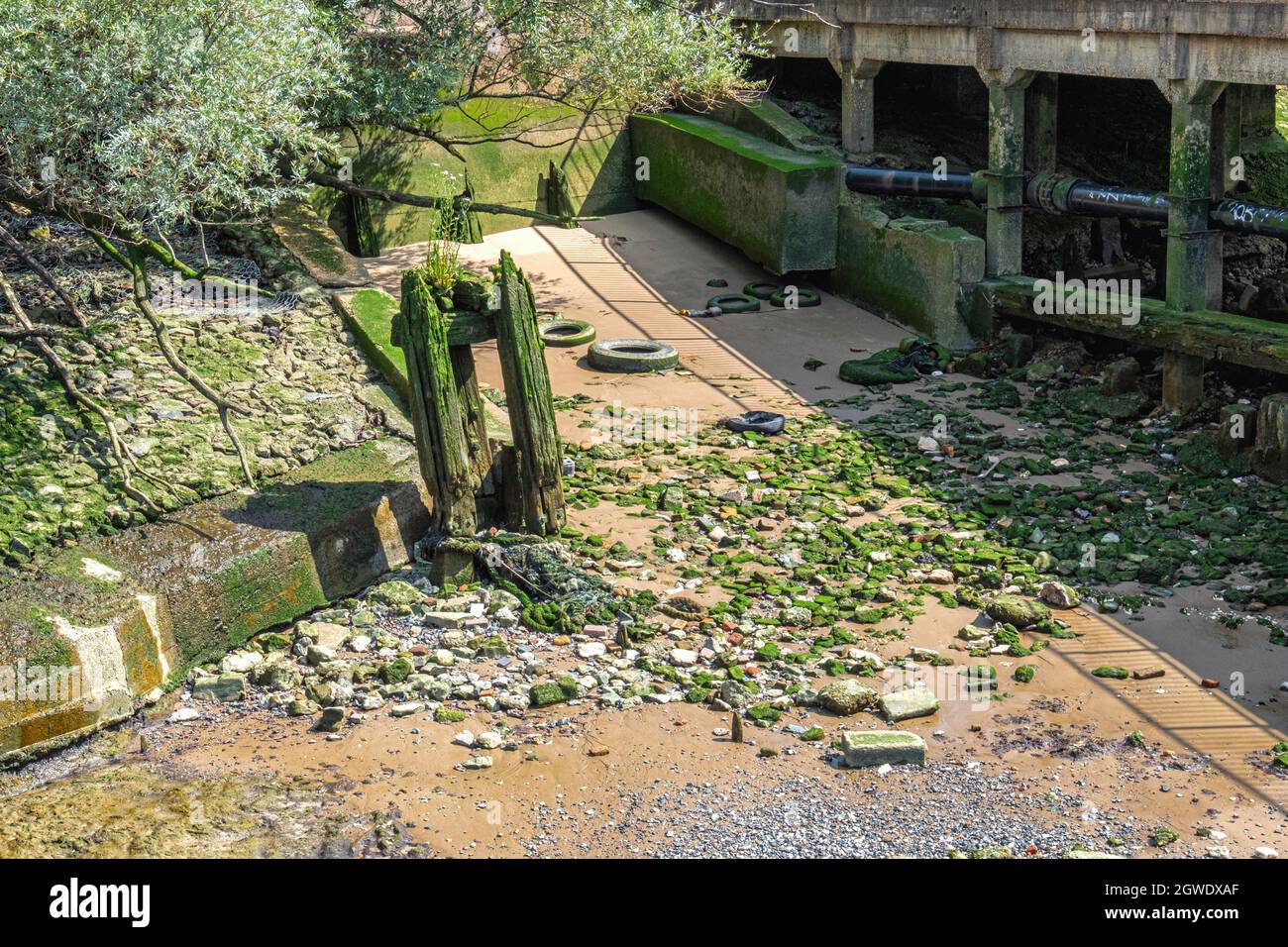 Exposed riverbed at low tide .Thames pathway, Greenwich Peninsula, SE ...