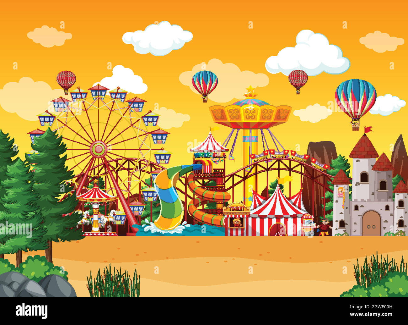 Amusement park scene at daytime with balloons in the sky Stock Vector ...