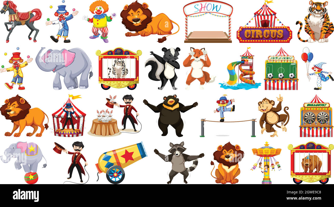 Circus set with animals rides and clowns on isolated background Stock ...