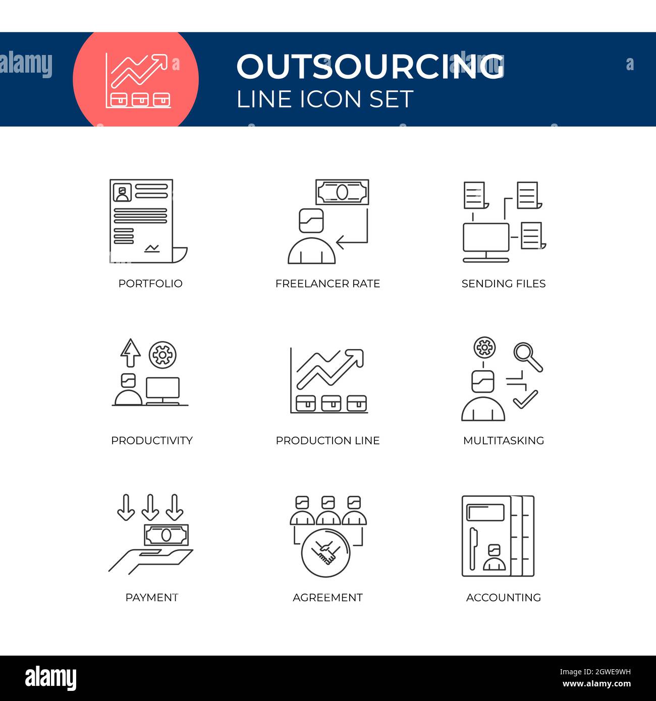 Outsourcing Line Icon Pack Vector Template. Customizable Strokes ...