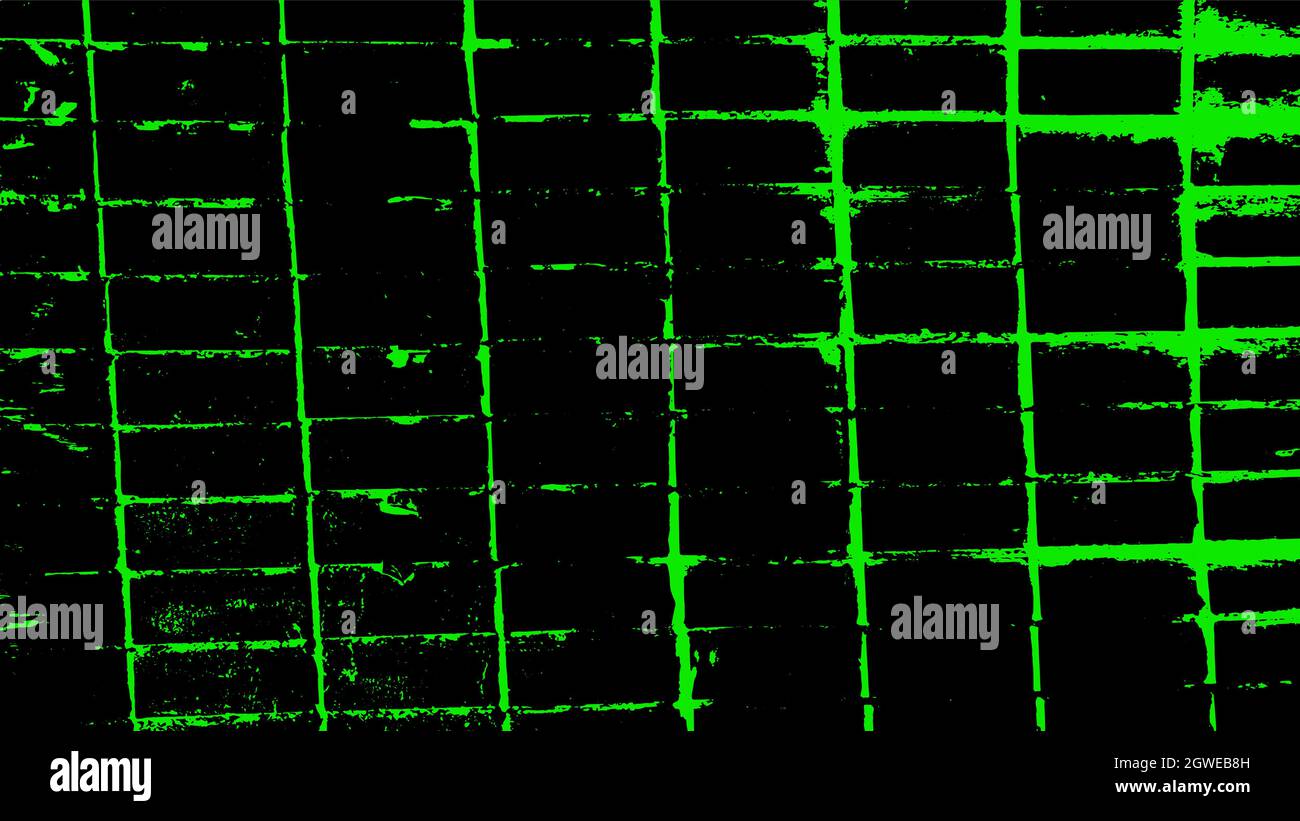 Grunge bright neon grid background. Green scuffs on a black wall Stock ...