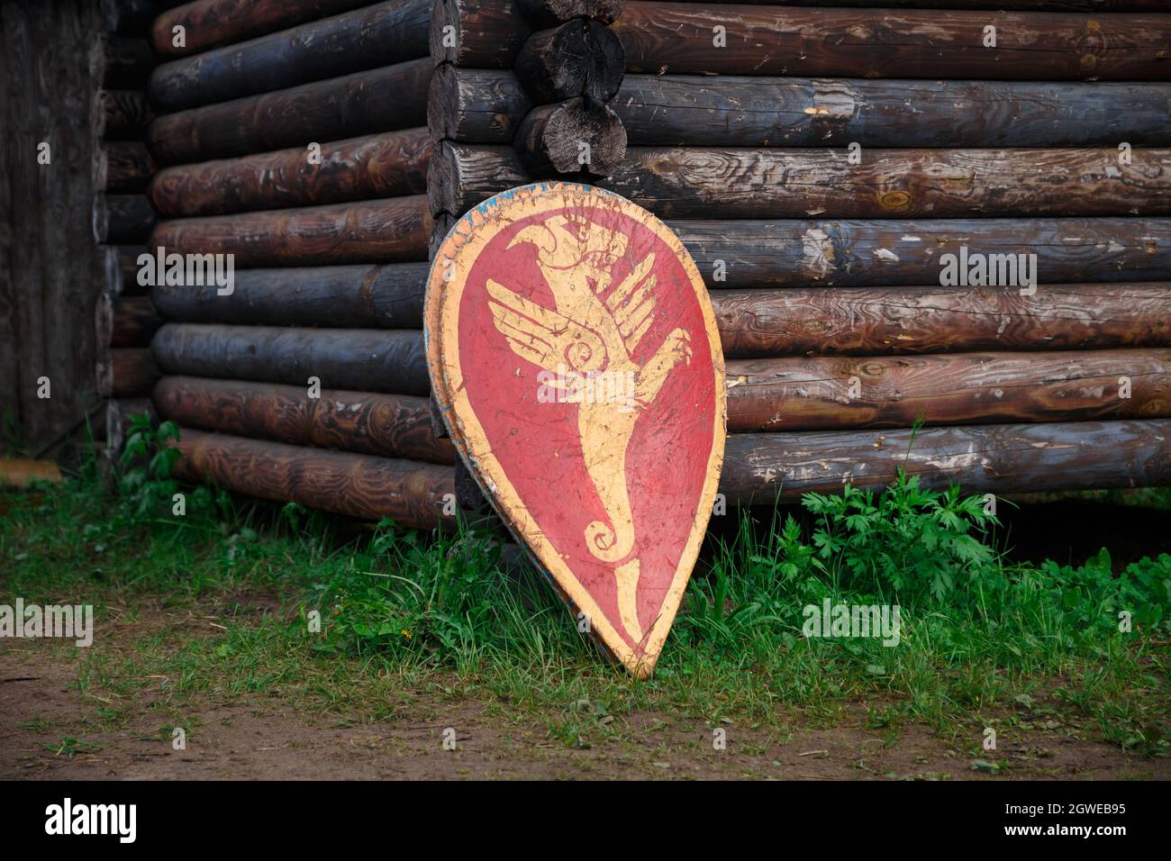 Reconstruction of middle ages - slavic shield near wooden fortress ...
