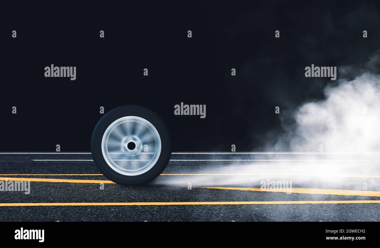 Car wheel burn rubber with spin circle motion on the asphalt road and ...
