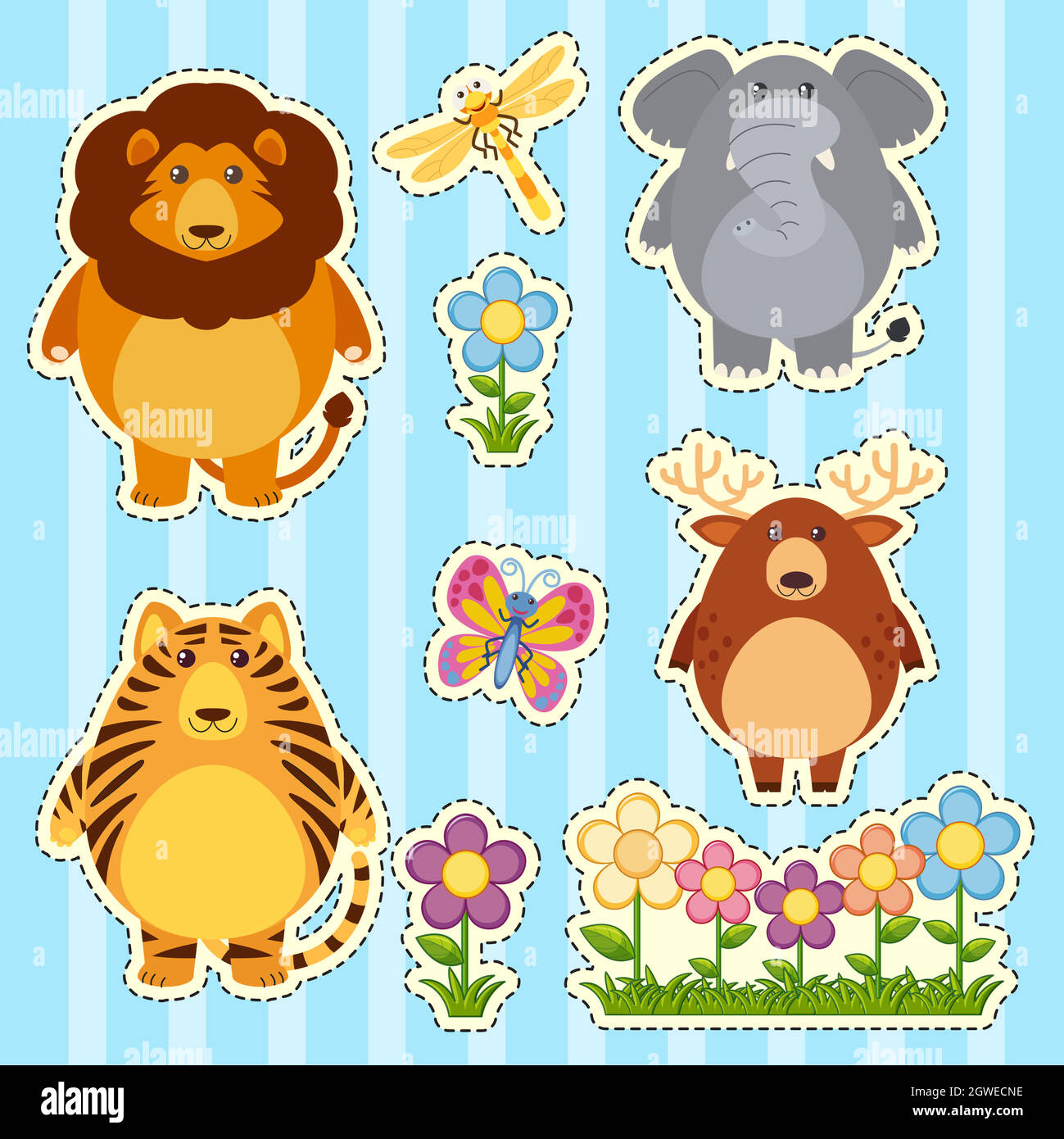 Sticker set with wild animals on blue background Stock Vector Image ...