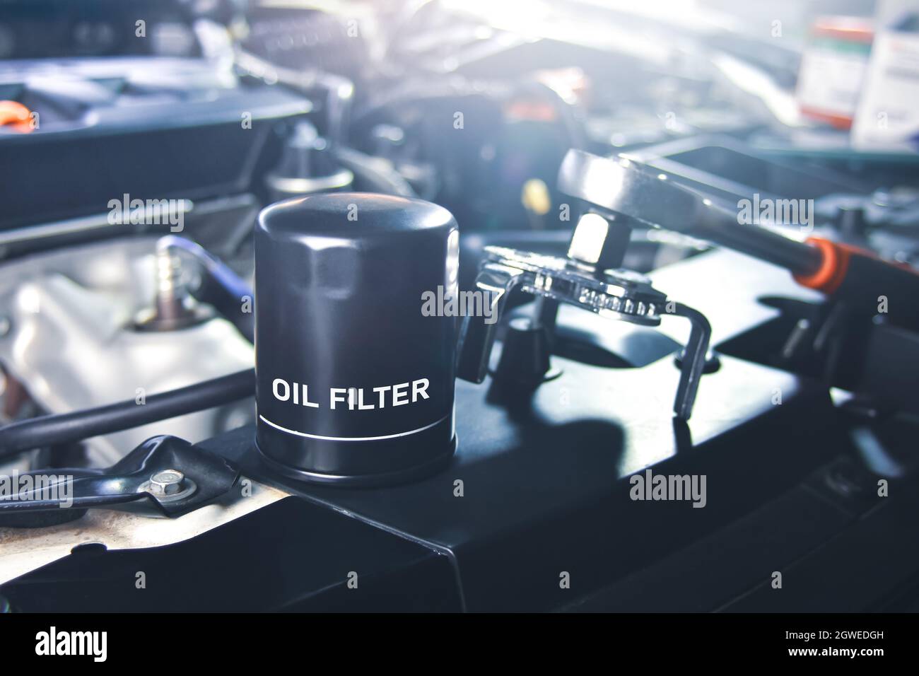 New oil filter of the car for engine oil system filtration in the auto ...