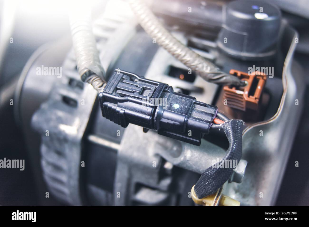 Connector socket and wire of the car alternator or generator in engine ...