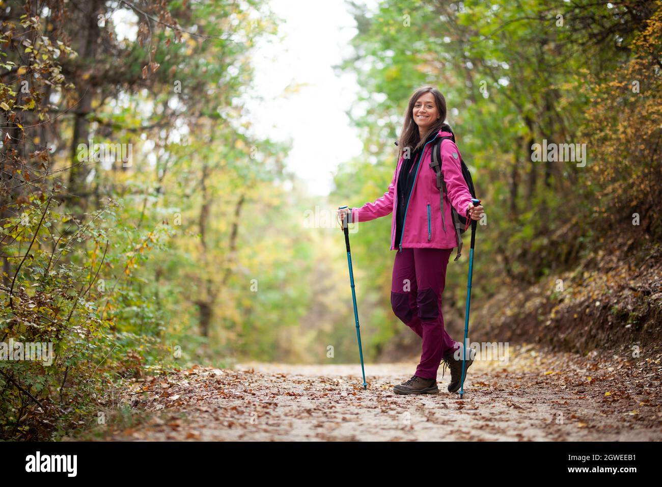 Hiker girl standing on a wide trail in the mountains. Backpacker with ...