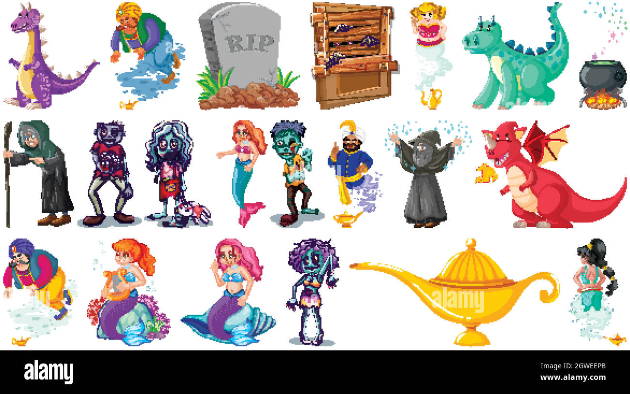Set of fantasy cartoon characters and fantasy theme isolated on white ...