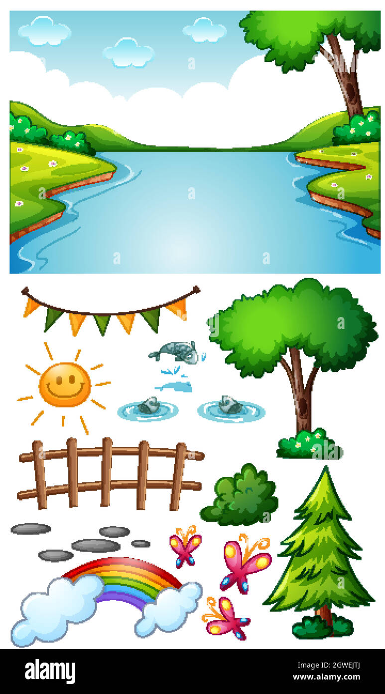 Blank river scene with isolated cartoon character and objects Stock ...