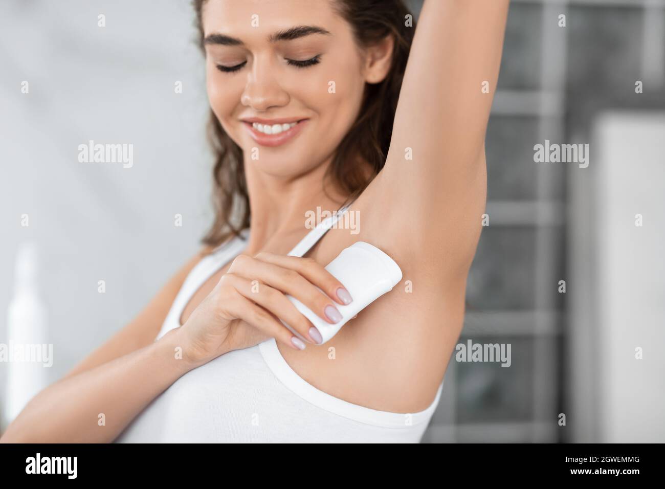 Happy Female Applying Antiperspirant Stick Underarms Caring For Armpits ...