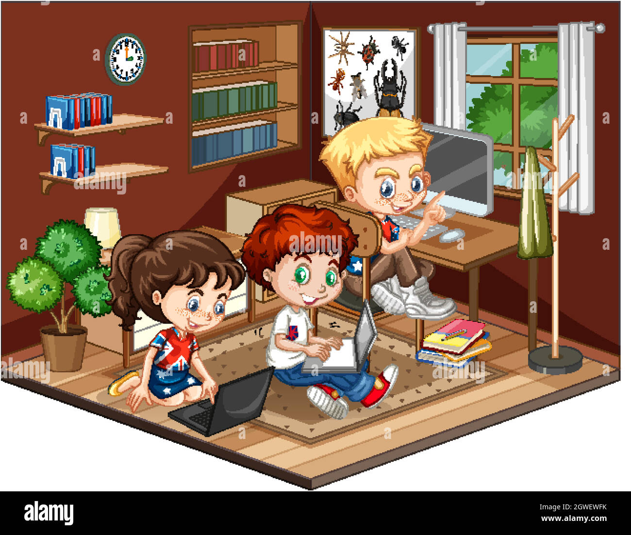 Kids in the living room scene on white background Stock Vector Image ...