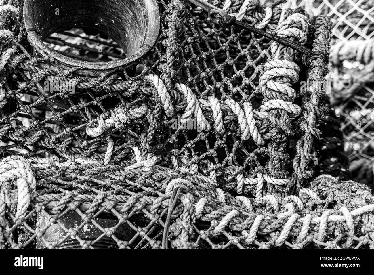 Lobster and Crab Pots and ropes close up low level view for nautical ...