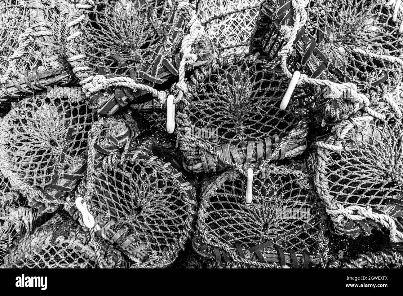 Lobster and Crab Pots and ropes close up low level view for nautical ...