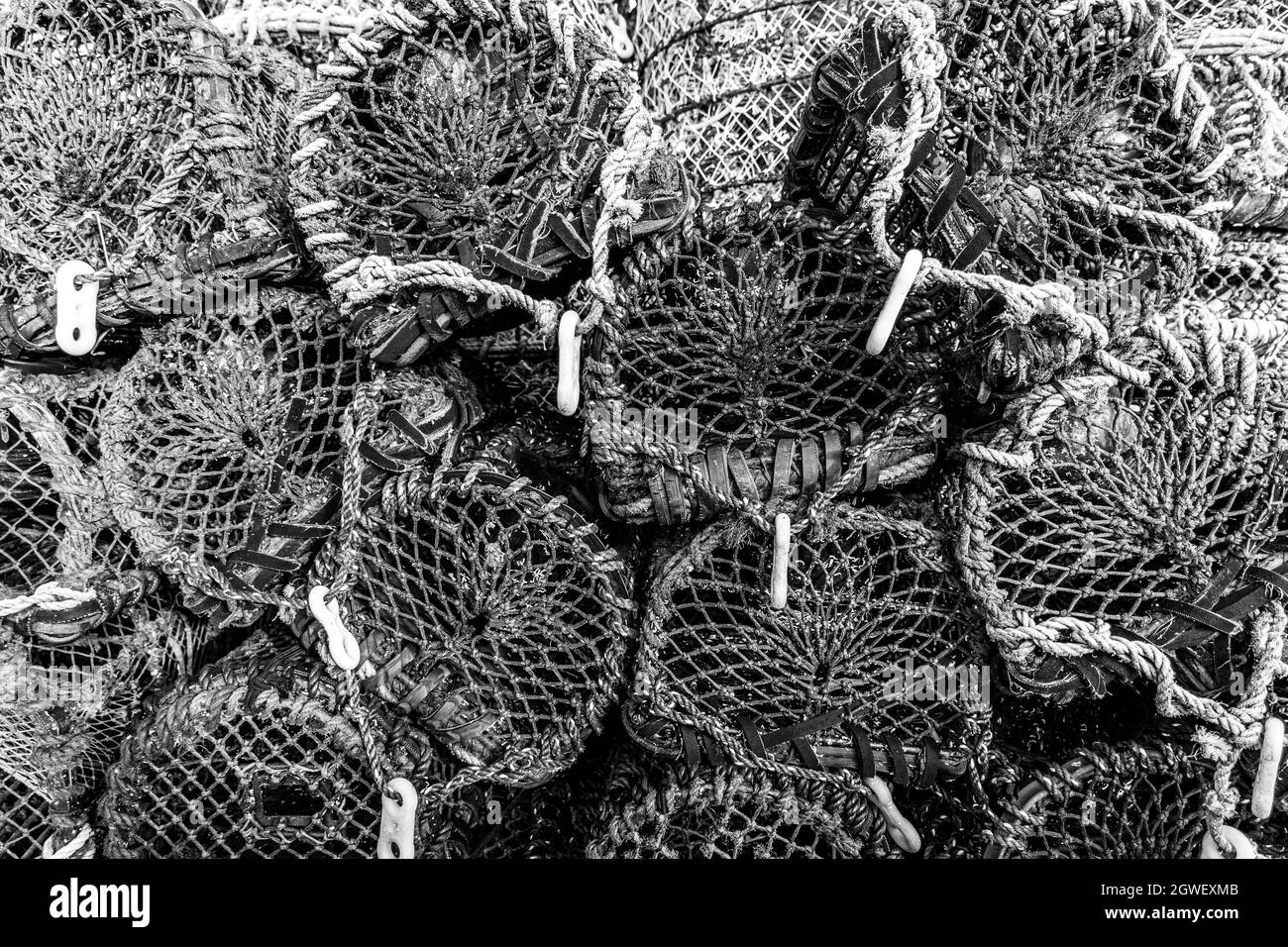 Lobster and Crab Pots and ropes close up low level view for nautical ...
